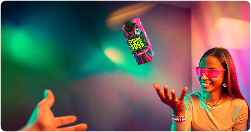 Level up your Drink Game with Atomic Boss Hard Punch.
